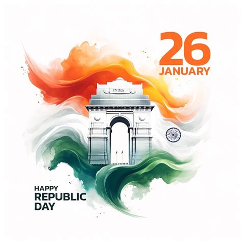 26 January Indian Republic Day Celebration Watercolor Indian Flag Waves