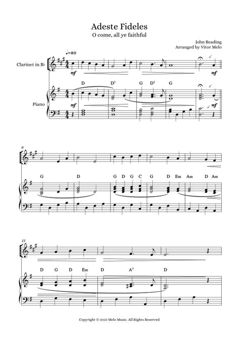 Adeste Fideles O Come All Ye Faithful Bb Clarinet And Piano Arr
