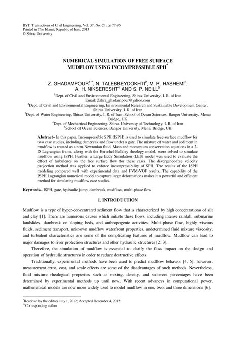 pdf numerical simulation of free surface mudflow using incompressible sph