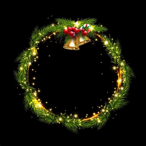 Premium Vector Isolated Christmas Wreath With Golden Bells On A Black Background