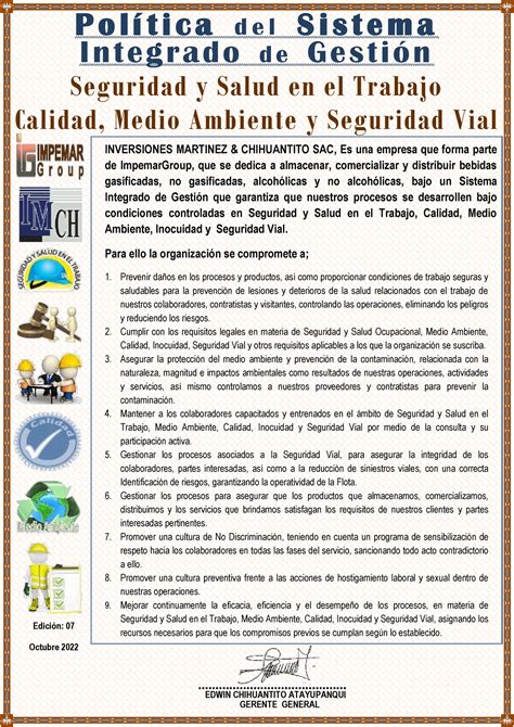 Política del Sistema Integrado de Gestión 2022 ver 7 I n t e g r a