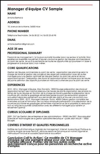 Modele De Cv Manager D Equipe