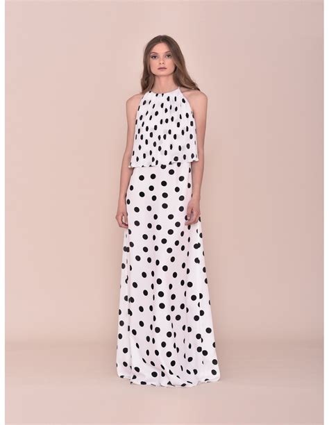 Vestido Largo Blanco Con Topos Negros Y Cuello Halter Invitadisima