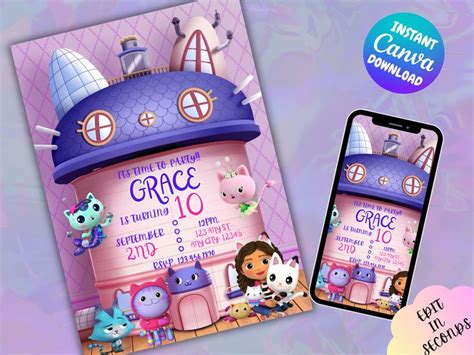 Gabby Dollhouse Invitation Gabby Dollhouse Canva Template Editable