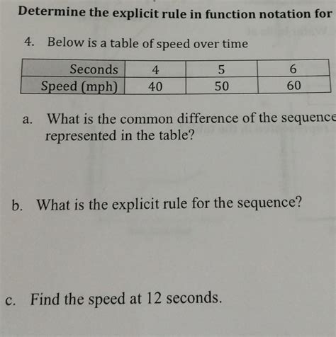 solved determine the explicit rule in function notation for 4 below is a table of speed over