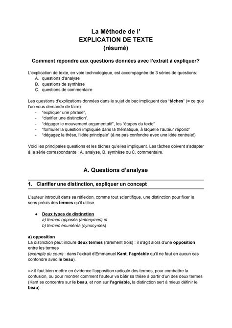 Philosophie Méthode Explication de texte 1 version courte résumé