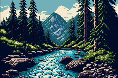 Mountain River Landscape Pixel Art Graphic By Alone Art Creative Fabrica