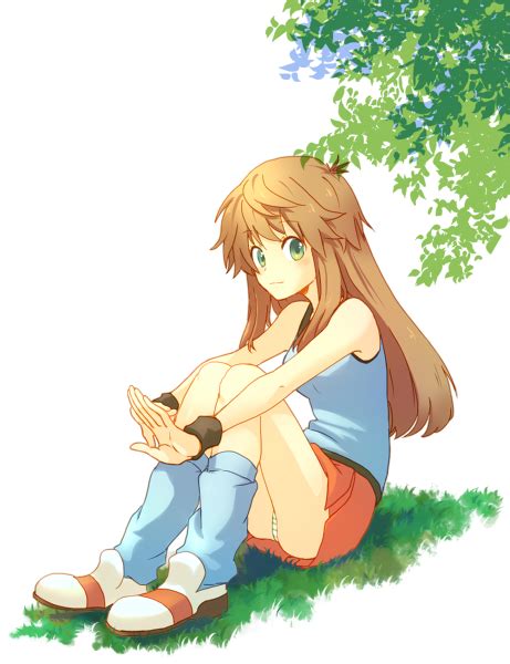 Safebooru 1girl Bangs Bare Shoulders Belt Blue Pokemon Blue Legwear Breasts Brown Hair Grass