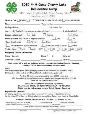 Fillable Online Levy Ifas Ufl 2015 4 H Camp Cherry Lake Residential