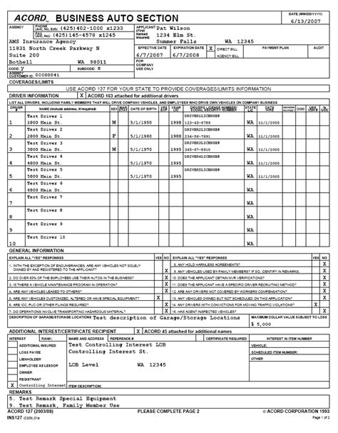 Acord Form 127 Fillable Printable Forms Free Online