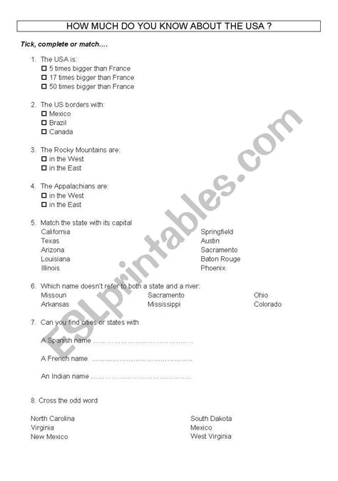 English Worksheets How Much Do You Know About The USA Quiz