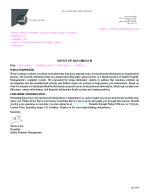 Fillable Online Month Day Year RE Notice Of Data Breach Dear Fax