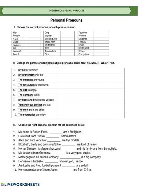 Personal Pronouns Written Exercises Ficha Interactiva Personal