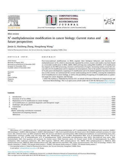 PDF N1 Methyladenosine Modification In Cancer Biology Current Status