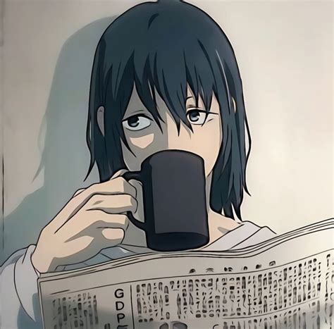 An Anime Character Holding A Coffee Cup And Reading The Newspaper While