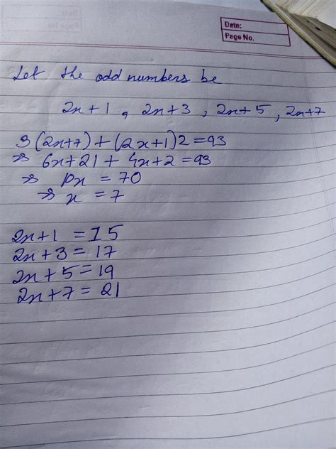 find four consecutive odd numbers such that three times the largest number added to twice the