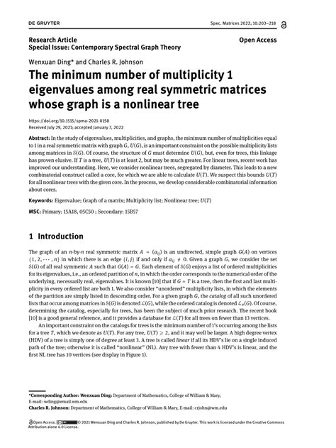 pdf the minimum number of multiplicity 1 eigenvalues among real symmetric matrices whose graph