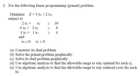 solved 2 for the following linear programming primal