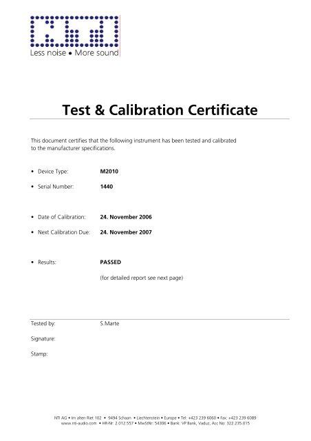 Test Calibration Certificate