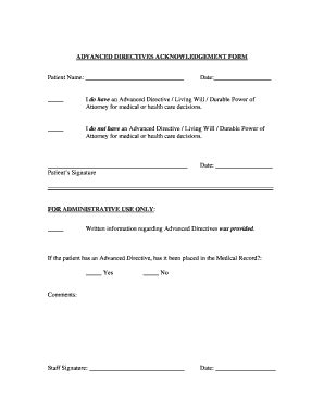 Fillable Online Advanced Directives Acknowledgement Form Fax Email