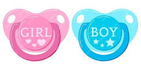 젖꼭지 아기 더미 벡터 아이콘 세트 흰색 배경에 고립 신생아 노리개 젖꼭지의 징후 소녀는 하트가 있는 분홍색 소년은 별이 있는 파란색 평면 디자인 만화 스타일 그림