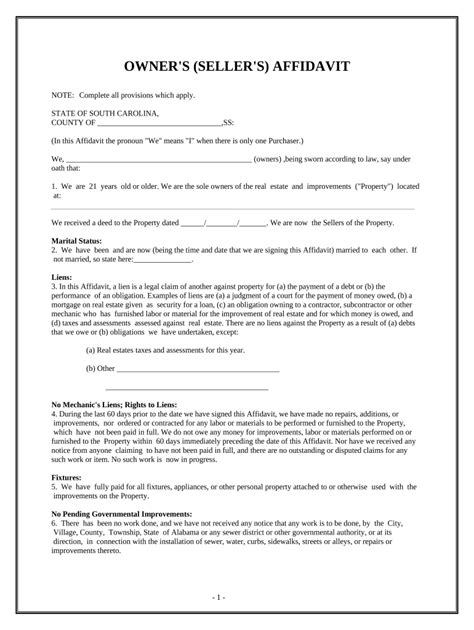 Owner S Or Seller S Affidavit Of No Liens South Carolina Fill Out