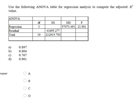 solved use the following anova table for regression analysis