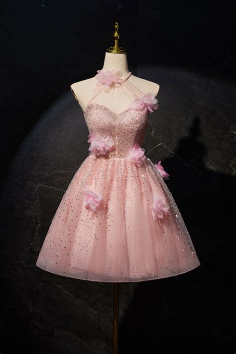 A Line Halter Sequin Short Homecoming Dress With Flowers Cute Prom Go Uniquedresss