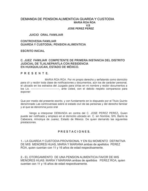 Demanda De Pension Alimenticia Guarda Y Demanda De Pension