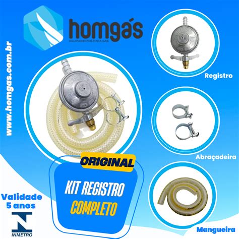 Kit Registro para Gás de Cozinha Regulador Mangueira Abraçadeira Homgás