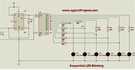 embedded projects sequential led blinking using 555 timer circuit in proteus isis
