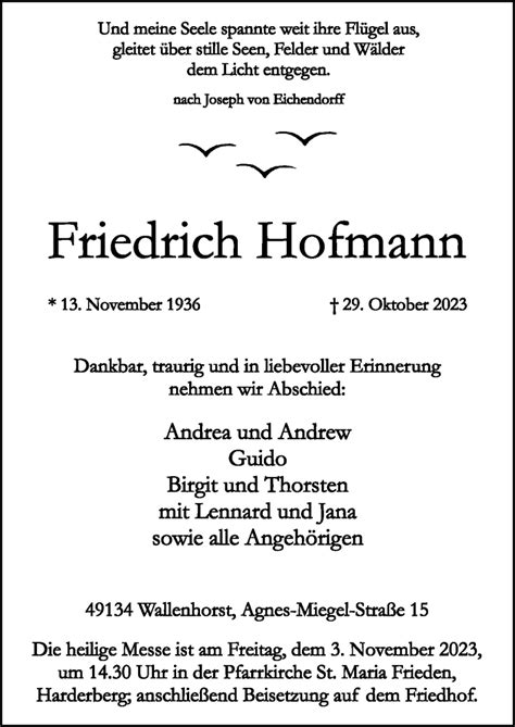 Traueranzeigen Von Friedrich Hofmann Noz Trauerportal