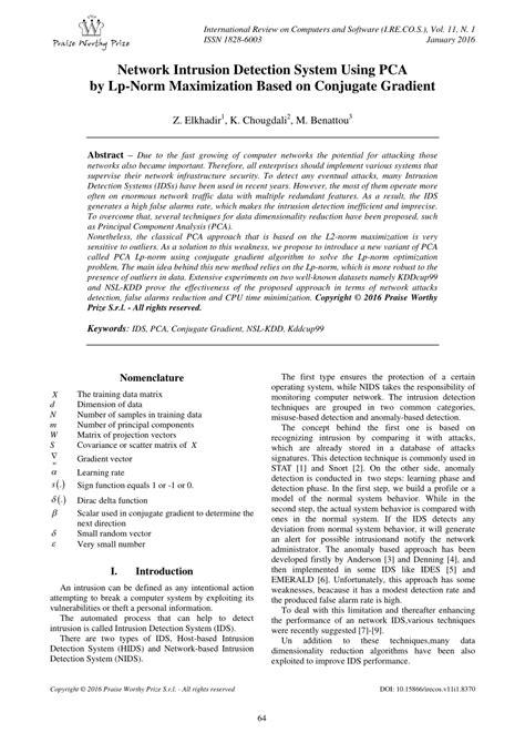 pdf network intrusion detection system using pca by lp norm maximization based on conjugate