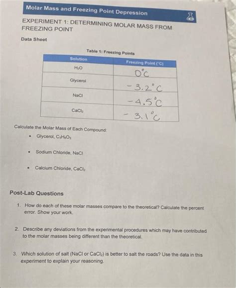 Solved Molar Mass And Freezing Point Depression EXPERIMENT Chegg