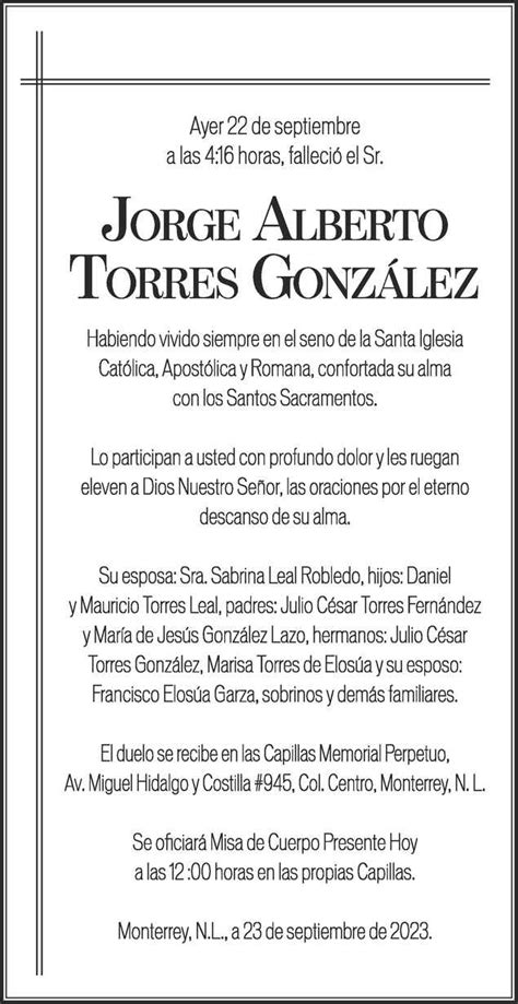 Sr Jorge Alberto Torres Gonz Lez Obituario Esquela
