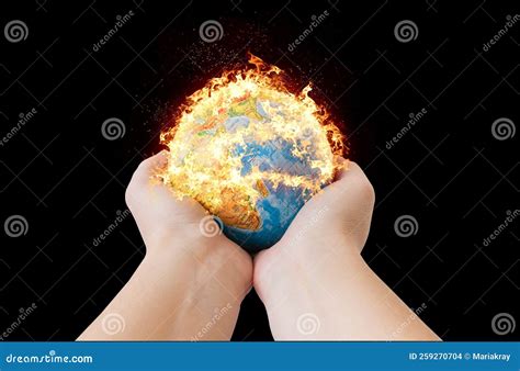 Hands Holding A Small Globe Model In Fire Stock Photo Image Of Hold