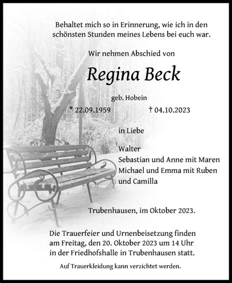 Traueranzeigen Von Regina Beck Trauer HNA De