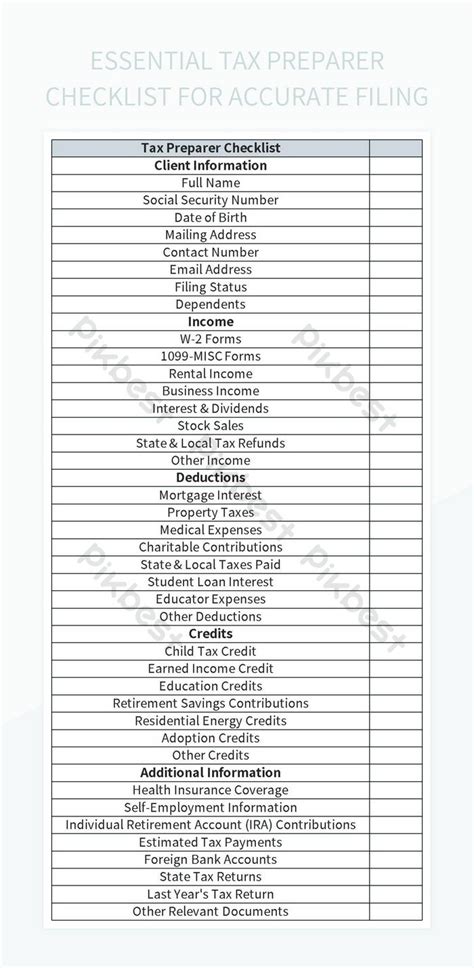 Essential Tax Preparer Checklist For Accurate Filing Excel Template
