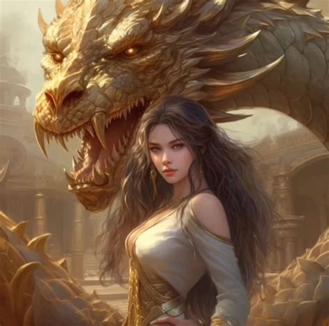 A Woman Standing Next To A Large Dragon
