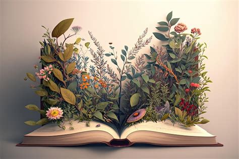Las flores que crecen de un libro abierto con pétalos vibrantes y hojas