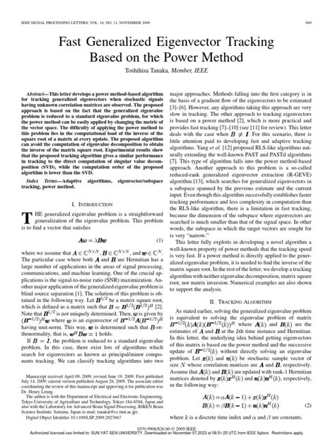 l1 fast generalized eigenvector tracking based on the power method download free pdf