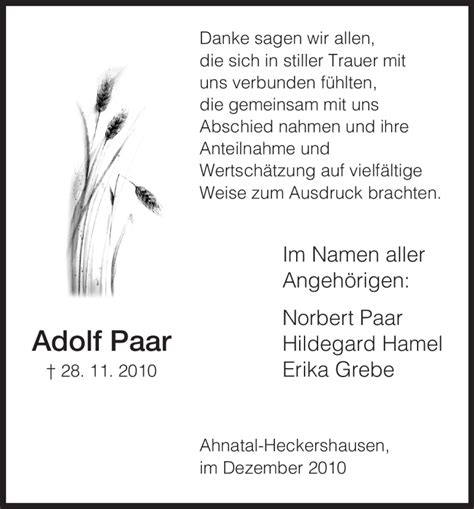 Traueranzeigen Von Adolf Paar Trauer HNA De