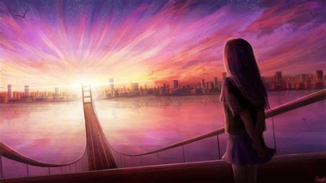 Anime Girl Watching The Sunset On The Bridge Live Wallpaper Moewalls