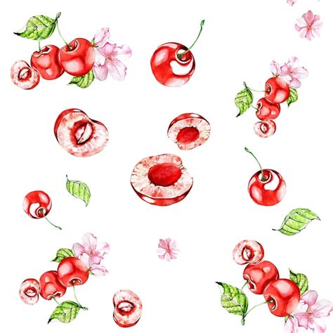 Un Conjunto De Ilustraciones En Acuarela De Cerezas Jugosas Bayas De