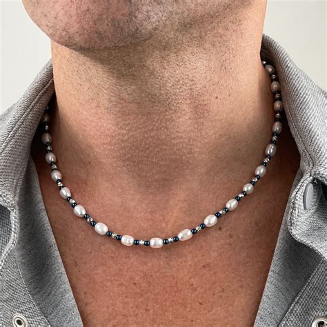 Mens Freshwater Pearl Necklace With Hematite Real Pearl Necklace For