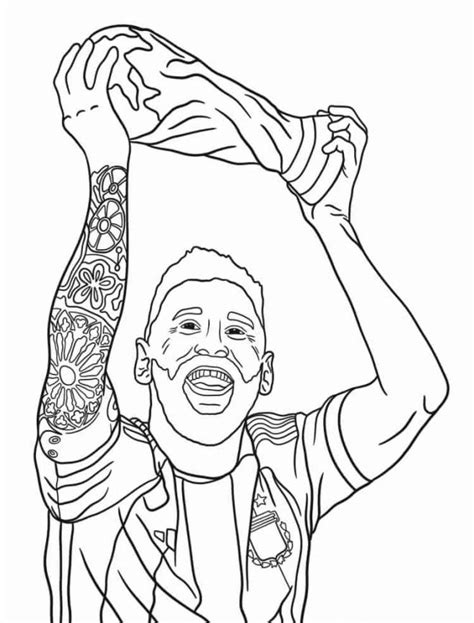 Coloriage Lionel Messi tenant la coupe du monde dessin gratuit à imprimer
