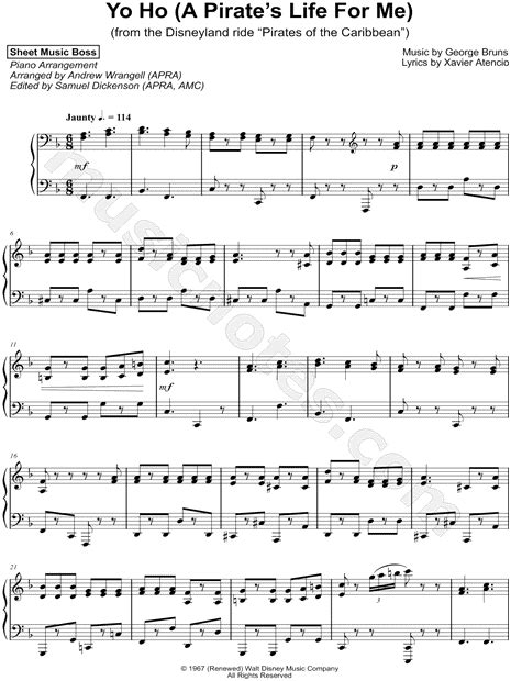 Sheet Music Boss Yo Ho A Pirate S Life For Me Sheet Music Piano
