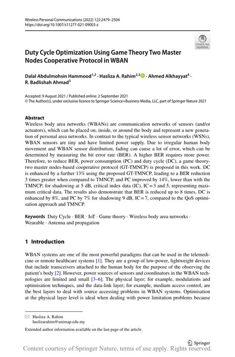 duty cycle optimization using game theory two master nodes cooperative protocol in wban