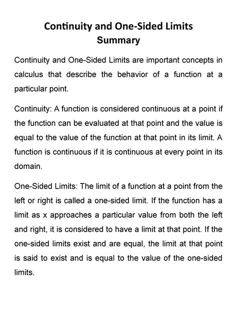 continuity and one sided limits summary continuity and one sided limits summary continuity and
