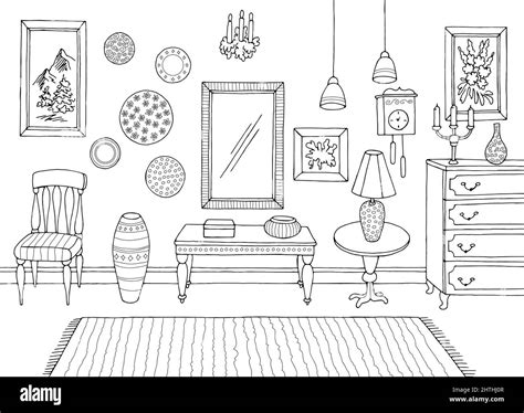 Antique Store Interior Graphic Black White Sketch Illustration Vector
